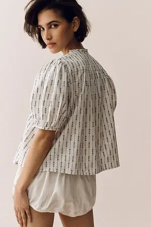 Anthropologie Cropped Swing Top With Pleating And Ruffle Neckline - Blue Dot
