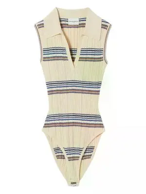 Claudie Pierlot Sleeveless Striped Knit Bodysuit With Polo Collar - Neutrals