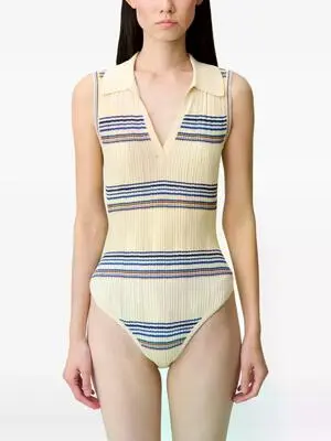 Claudie Pierlot Sleeveless Striped Knit Bodysuit With Polo Collar - Neutrals