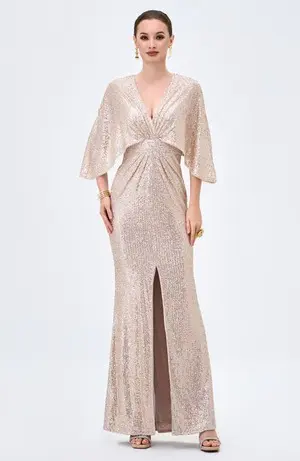 BARIANO Oprah Cape Sequin Gown - Nude/copper