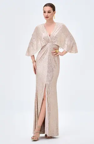 BARIANO Oprah Cape Sequin Gown - Nude/copper