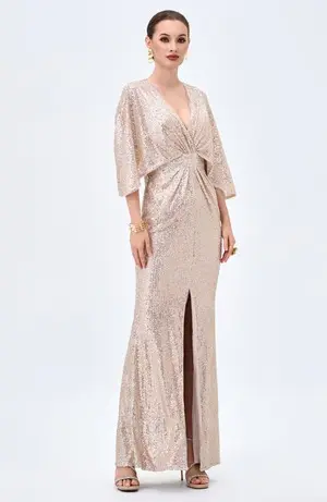BARIANO Oprah Cape Sequin Gown - Nude/copper