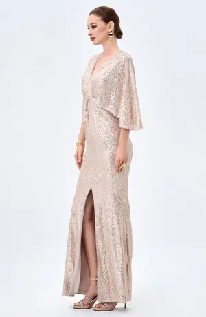 BARIANO Oprah Cape Sequin Gown - Nude/copper