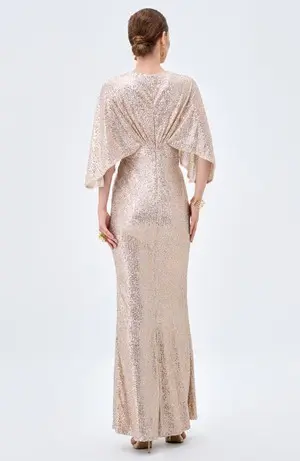 BARIANO Oprah Cape Sequin Gown - Nude/copper