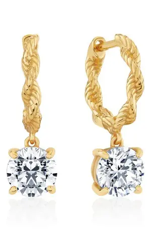 CRISLU Brilliant Cut Cubic Zirconia Drop Huggie Hoop Earrings - 18kt Yellow Gold/clear Stone