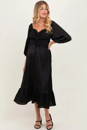 PINKBLUSH Satin Smocked Bust Maternity Midi Dress - Black