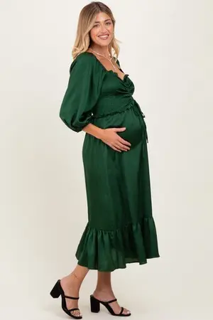PINKBLUSH Satin Smocked Bust Maternity Midi Dress - Green