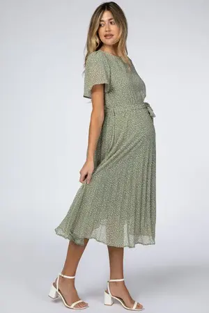 PINKBLUSH Leaf Print Pleated Midi Dress