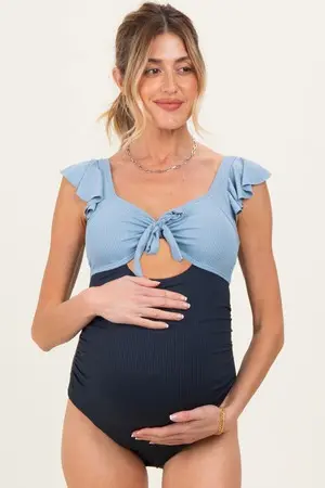 PINKBLUSH Ribbed Front Tie Cutout Ruched Maternity Swimsuit Blue