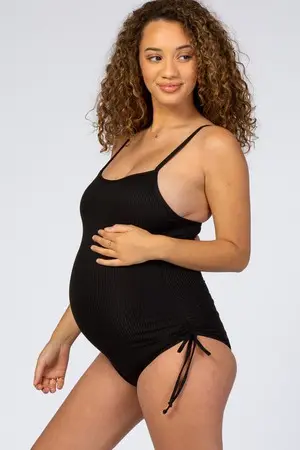 PINKBLUSH Ribbed Side Tie One-piece Maternity Swimsuit - Black