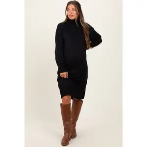 PINKBLUSH Turtleneck Side Slit Midi Sweater Dress - Black