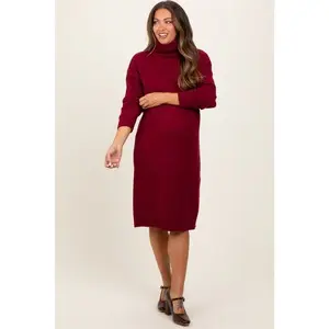 PINKBLUSH Turtleneck Side Slit Midi Sweater Dress - Burgundy