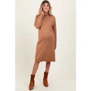 PINKBLUSH Turtleneck Side Slit Midi Sweater Dress - Camel