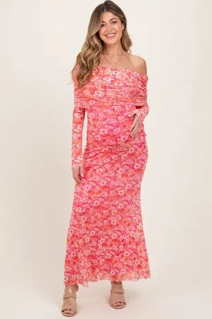 PINKBLUSH Floral Mesh Off-shoulder Maxi Dress - Fuschia