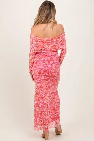 PINKBLUSH Floral Mesh Off-shoulder Maxi Dress