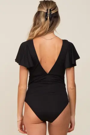 PINKBLUSH V-neck Flounce Maternity One-piece Swimsuit - Black