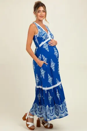 PINKBLUSH Border Print Resort Maxi Dress - Royal Blue