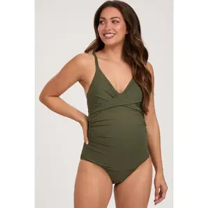 PINKBLUSH Ribbed V-neck Ruched One-piece Swimsuit - Olive Green