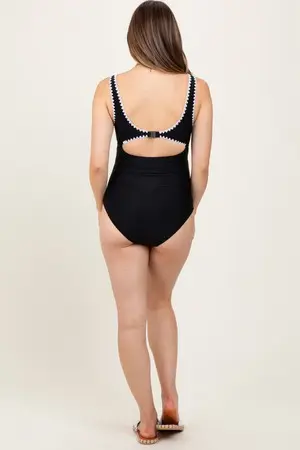PINKBLUSH Embroidered Trim Back Cutout One Piece Swimsuit - Black
