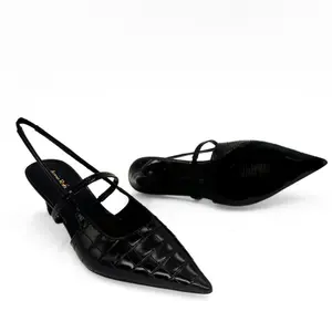 AMIE RAFA Connie Embossed Crocodile Slingback Heels - Black Crocodile