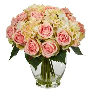 NEARLY NATURAL Rose And Hydrangea Bouquet Artificial Arrangement - Pink