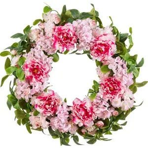 GLITZHOME 24"d Hydrangea Peony & Cherry Wreath With A Wreath Hanger - Pink