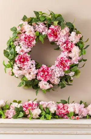 GLITZHOME 24"d Hydrangea Peony & Cherry Wreath With A Wreath Hanger