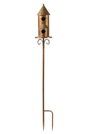GLITZHOME Farmhouse Faux 2-tiered Metal Decorative Garden Birdhouse With Stake - Copper