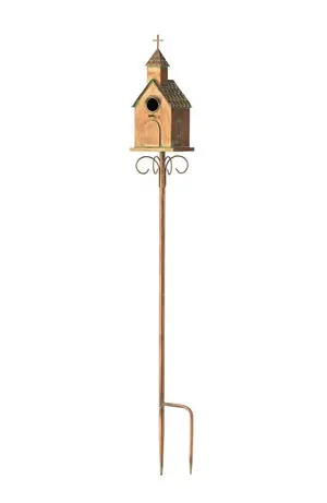 GLITZHOME Farmhouse Faux 2-tiered Metal Decorative Garden Birdhouse With Stake - Gold