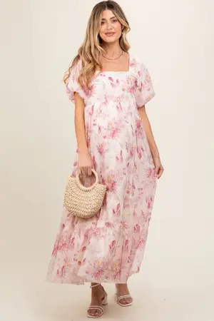 PINKBLUSH Puff Sleeve Square Neck Maternity Maxi Dress