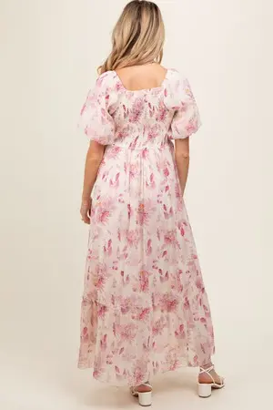 PINKBLUSH Puff Sleeve Square Neck Maternity Maxi Dress