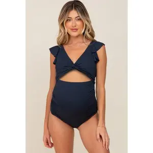 PINKBLUSH Ribbed Cutout Flutter One Piece Maternity Swimsuit - Navy Blue