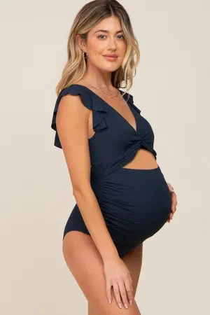 PINKBLUSH Ribbed Cutout Flutter One Piece Maternity Swimsuit - Navy Blue