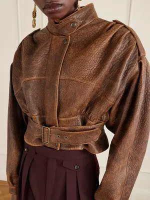 Chloé Cropped Belted Textured-leather Jacket