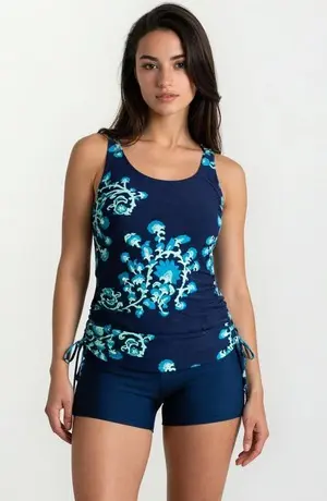 CALYPSA Tankini Top With Built-in Bra And Swim Shorts Set - Barbados Blue