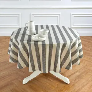 SOLINO HOME Linen Round Tableclothcabana Stripe - Black And Natural