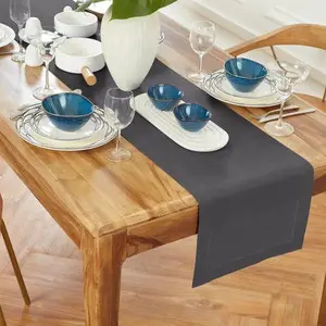SOLINO HOME Linen Table Runnermedium Weight Hemstitch Charcoal
