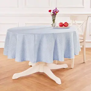 SOLINO HOME Linen Round Tableclothnarrow Stripe - Cornflower Blue And White