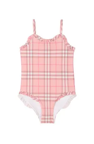Burberry Check Swimsuit With Ruffle Trim - Peony Pink