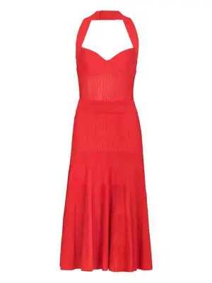 Balmain Halterneck Pleated Knitted Dress - Red