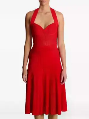 Balmain Halterneck Pleated Knitted Dress - Red