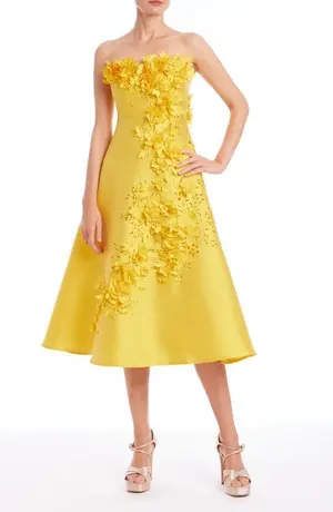 Badgley Mischka Floral Appliqué Strapless Cocktail Dress - Marigold