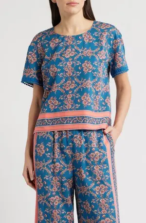 CITY BLUES Floral Woven Top - Cadet Blue/dusty Pink