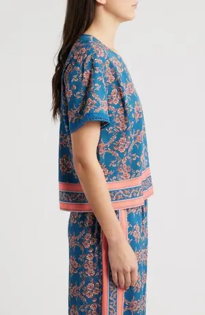 CITY BLUES Floral Woven Top - Cadet Blue/dusty Pink