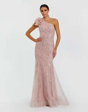 Mac Duggal Beaded One-shoulder Mermaid Gown With Floral Appliqu