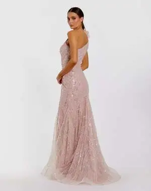 Mac Duggal Beaded One-shoulder Mermaid Gown With Floral Appliqu