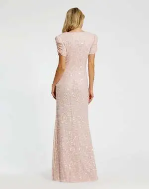 Mac Duggal Petite Gathered Short Sleeve Embellished Gown - Pink