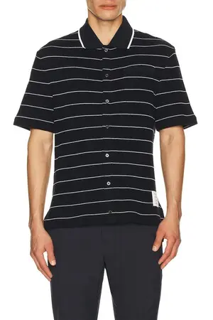 Thom Browne Short Sleeve Button Down Shirt In Blue - Navy & White
