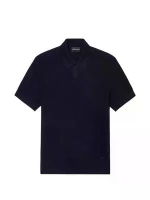 Emporio Armani Polo Shirt-collar Sweater In Virgin Wool With Check Motif - Blue