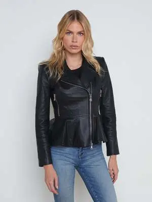 L'Agence Lyric Leather Peplum Biker Jacket - Black